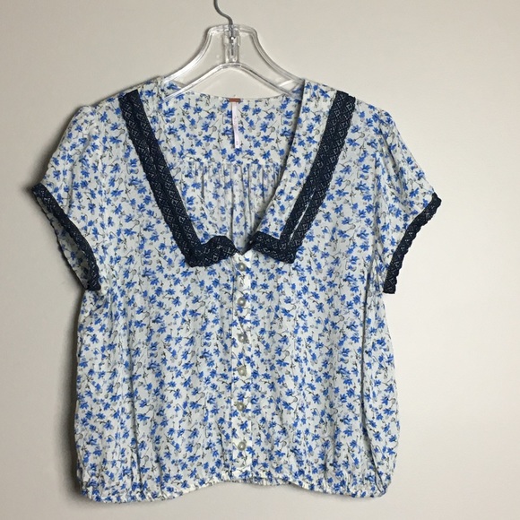Free People | Tops | Free People Flower Blue Lace Crop Top Medium ...